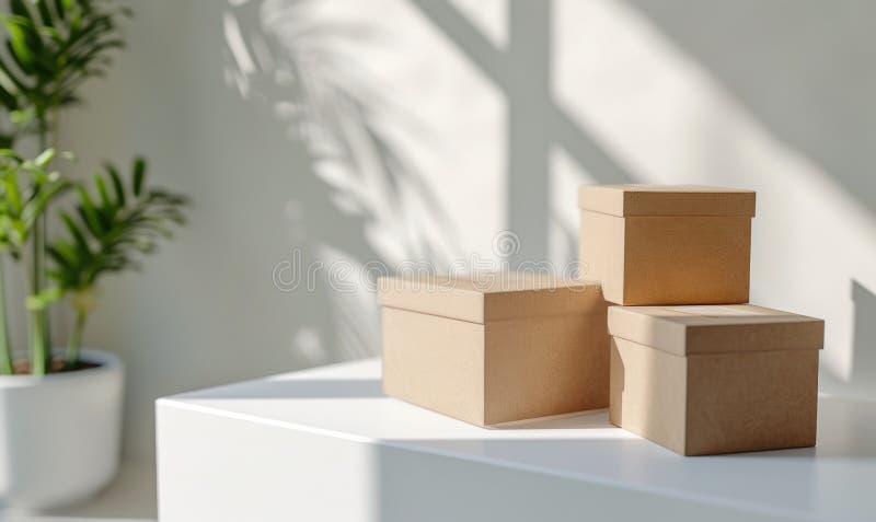 Cardboard Boxes on a White Table in a Light Room with Green Plants ...