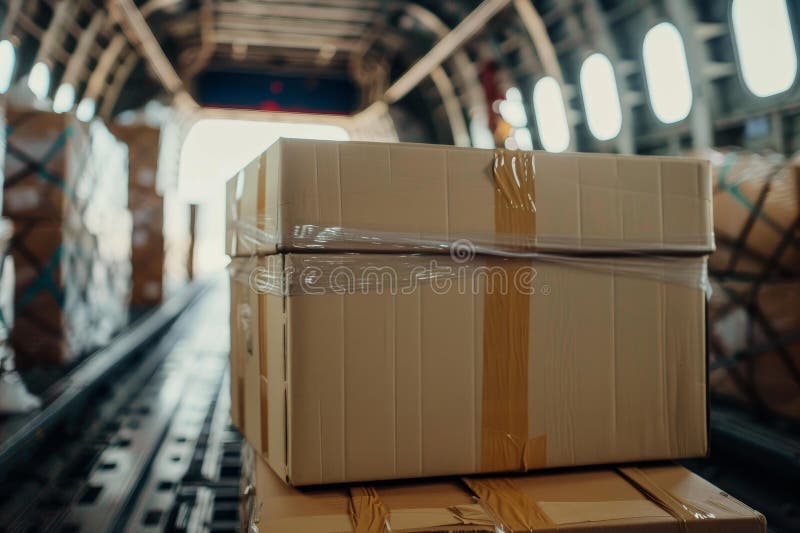 Cardboard Boxes Wrapped in Plastic Standing in an Airplane Cargo Hold ...