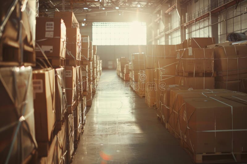 Cardboard Boxes Wrapped in Plastic Standing on Wooden Pallets in ...