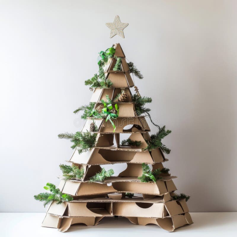 Cardboard Christmas Tree Decorated with Greenery and Pine Cones Stock ...