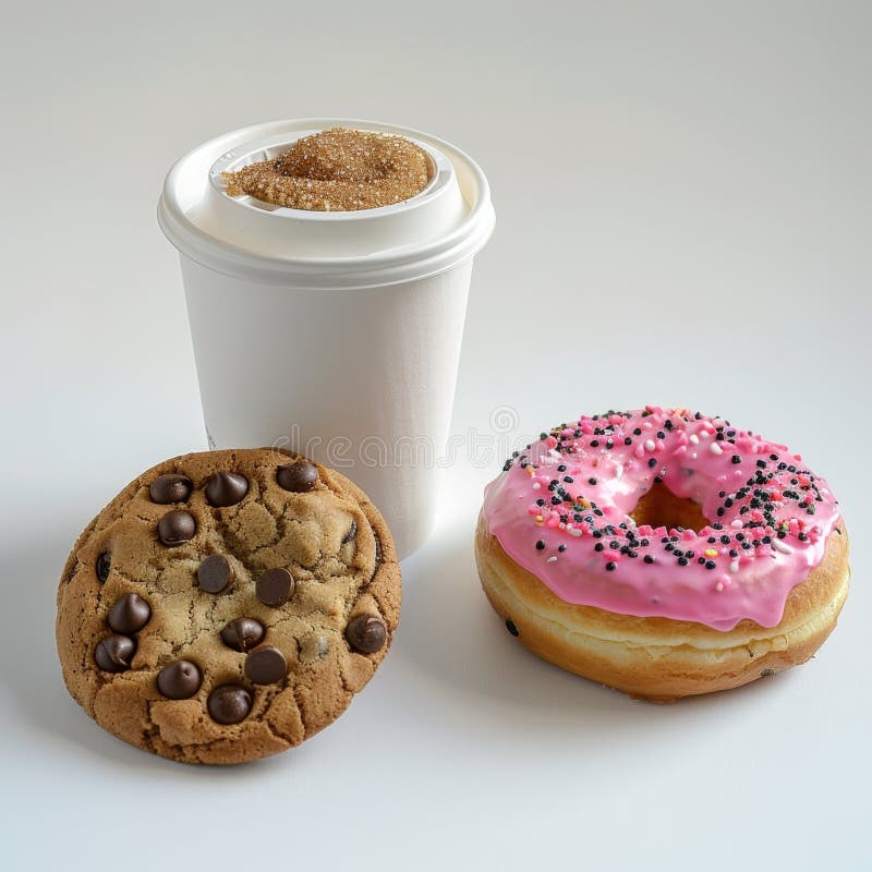 A Cardboard Coffee Cup and Two Donuts are on the Table Stock Image ...