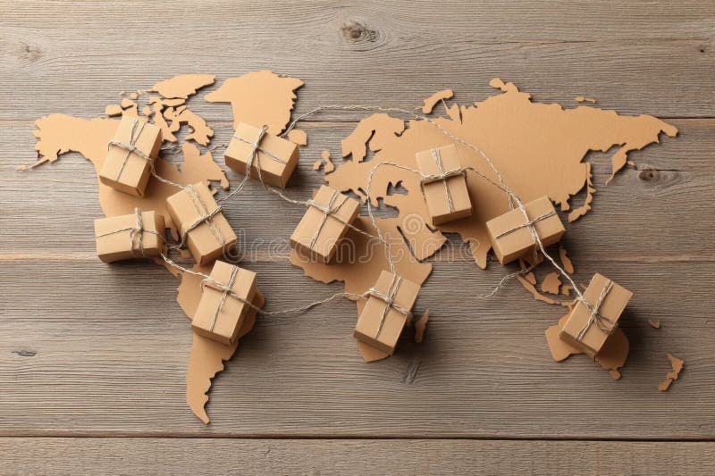 Cardboard Cutout World Map with Connected Boxes Symbolizing Global ...