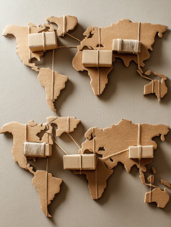 Cardboard Cutout World Map Featuring Connected Continents with String ...