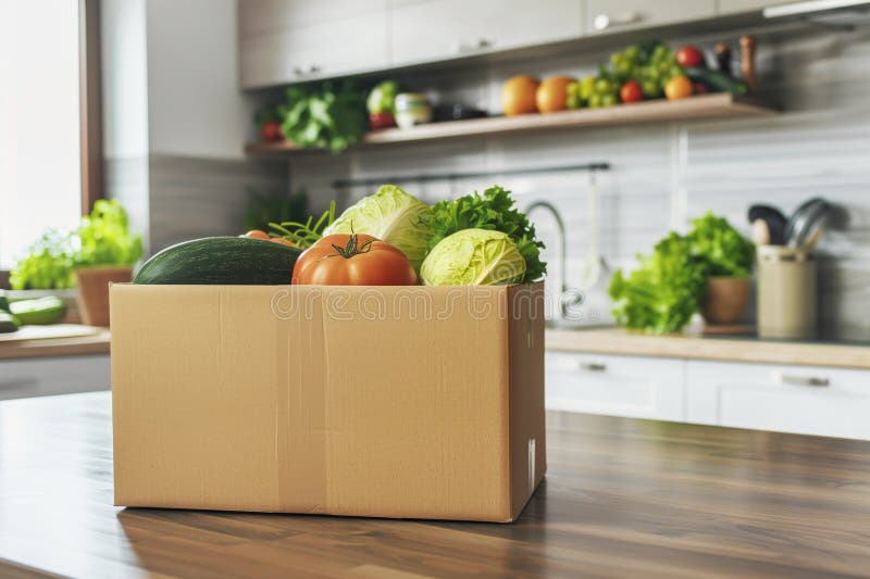 Cardboard Delivery Box with Fresh Produce on Kitchen Island Stock Photo ...
