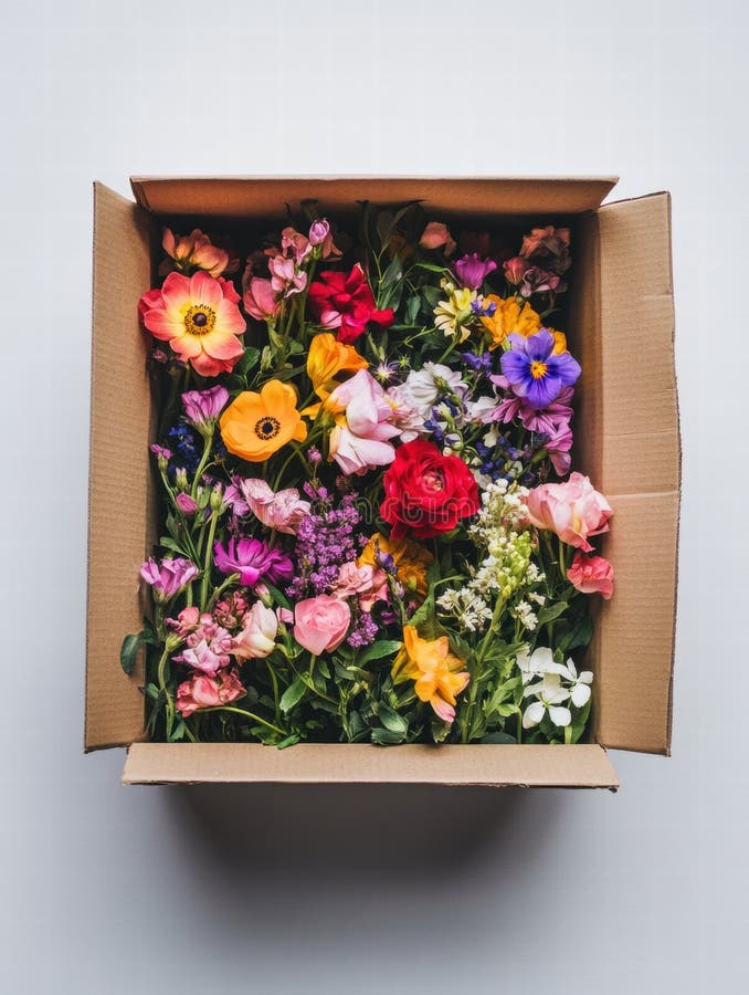 Fresh Vibrant Flowers in a Cardboard Delivery Box with Space for Text ...