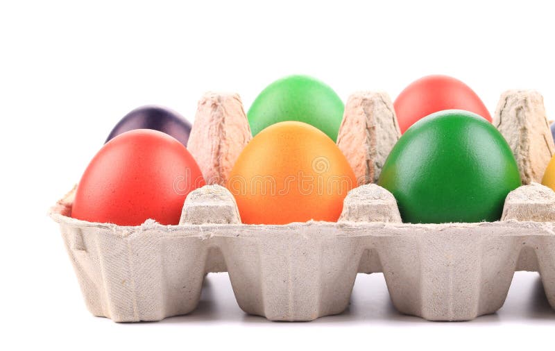 Cardboard Egg Box with Easter Colored Eggs Stock Photo - Image of ...