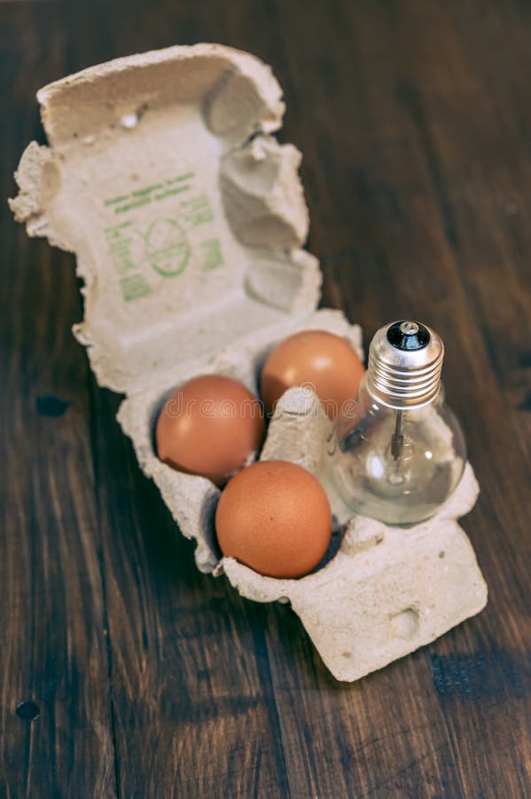 A Cardboard Egg Container Has Three Eggs and a Tungsten Light Bulb ...