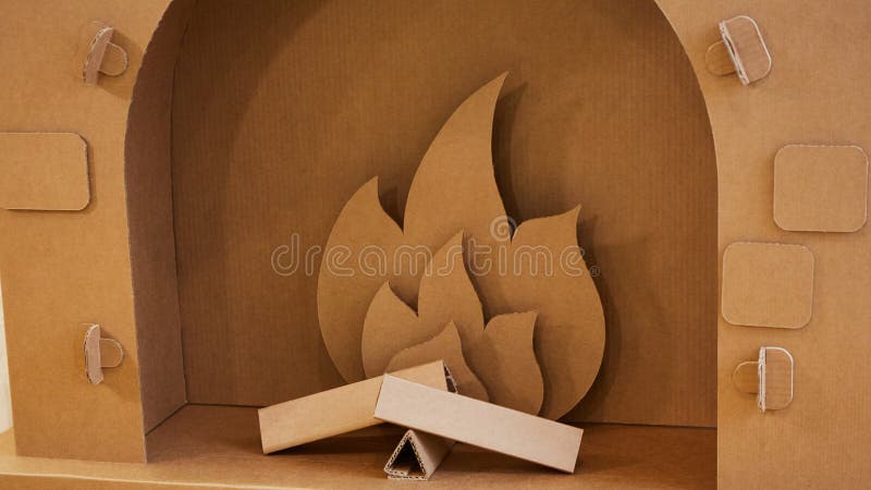 Cardboard Fireplace. Closeup of Firewood Burning in Fire Stock Photo ...