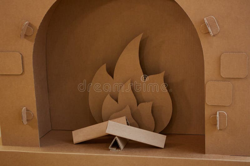 Cardboard Fireplace. Closeup of Firewood Burning in Fire Stock Image ...