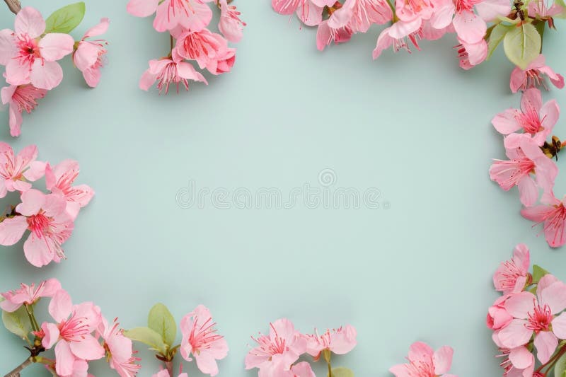 A Cardboard Frame of Pink Flowers on a Light Blue Background Stock ...