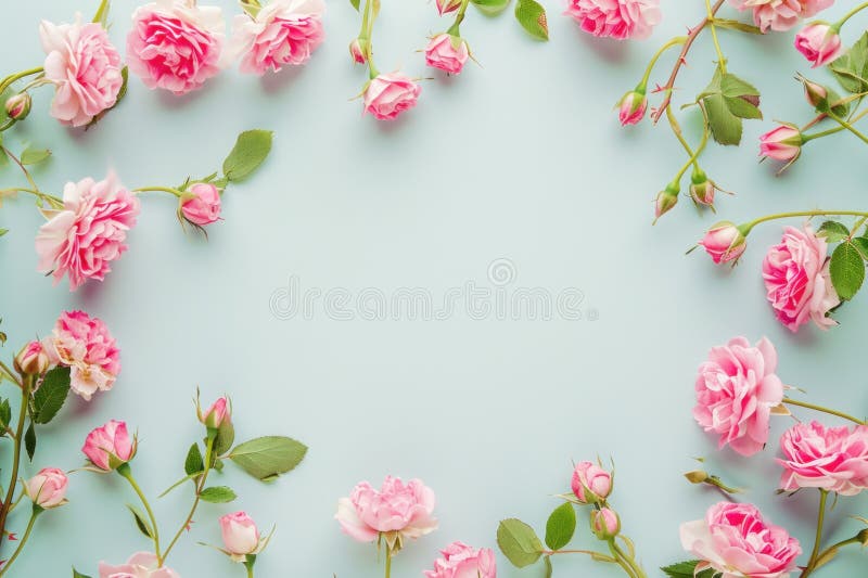 A Cardboard Frame of Pink Flowers on a Light Blue Background Stock ...