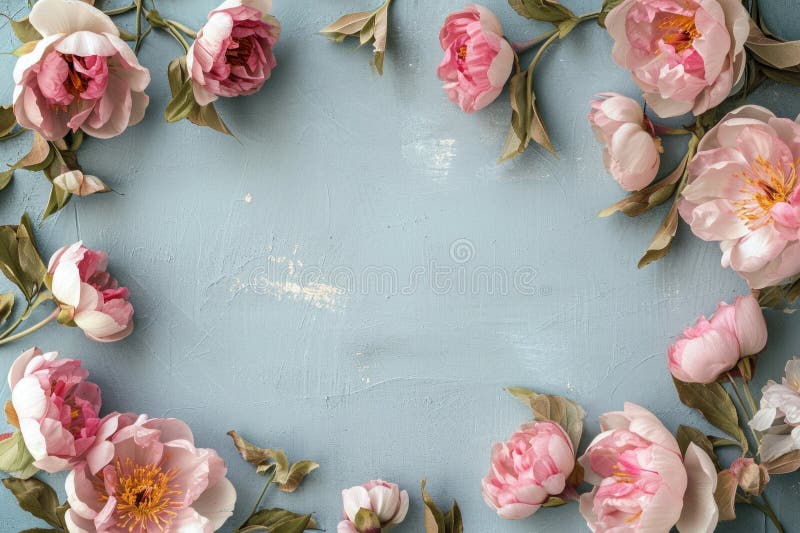 A Cardboard Frame of Pink Flowers on a Light Blue Background Stock ...