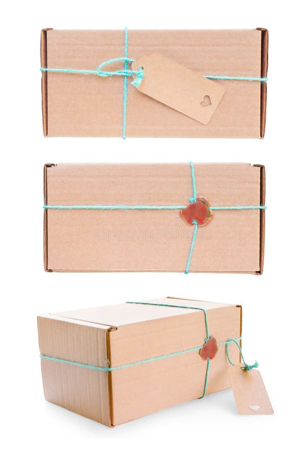 Cardboard Gift Box Tied with Blue String Three Views Set. Isolated on ...