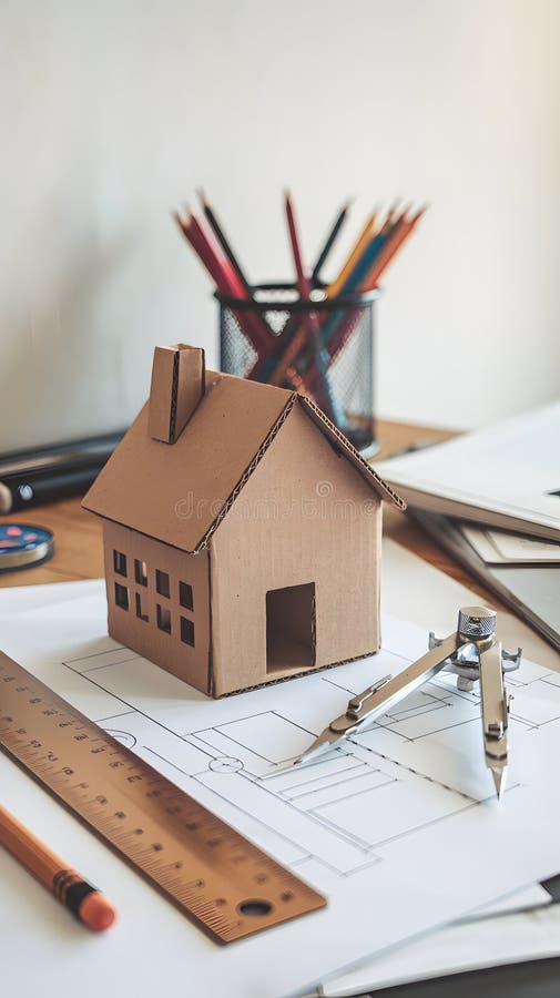 Cardboard House Model beside Tools, Suggesting Design or Architectural ...