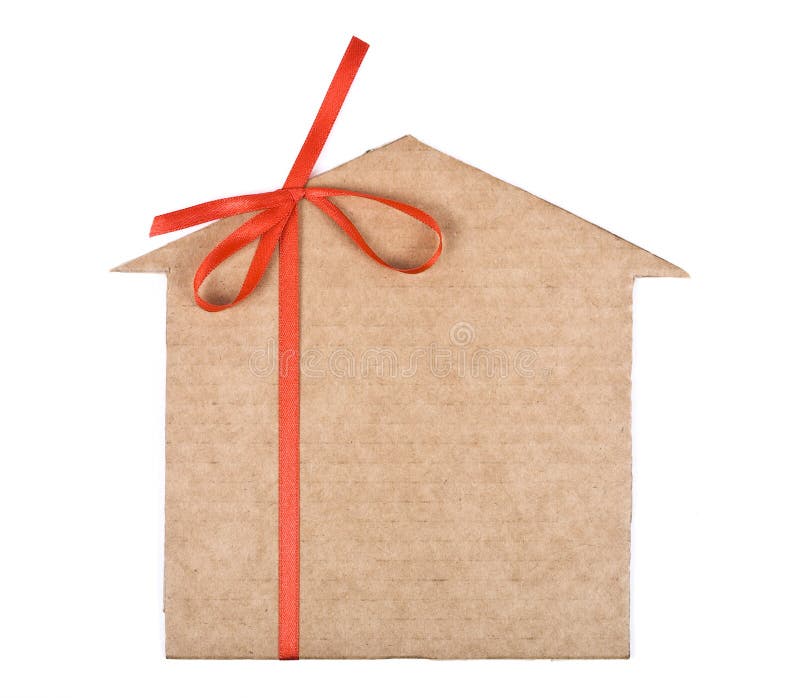 Cardboard House with Red Ribbon and Bow Stock Image - Image of package ...
