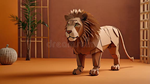 Cardboard Lion Walking on a Orange Background Stock Illustration ...