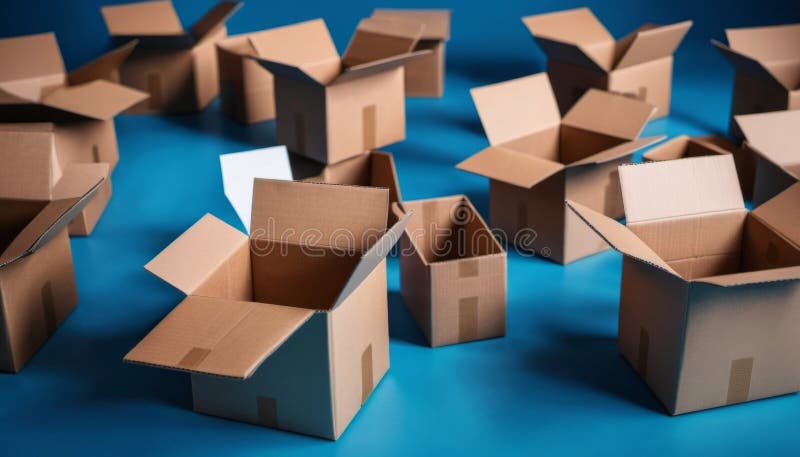 Cardboard Moving Boxes on Blue Background, Ai Generated, Ai Stock ...