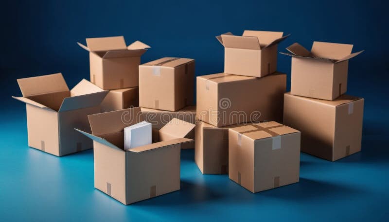 Cardboard Moving Boxes on Blue Background, Ai Generated, Ai Stock ...