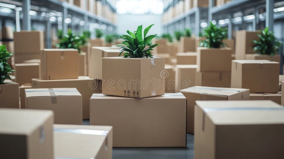 Cardboard Moving Boxes and Green Plants in Empty Office or Warehouse ...