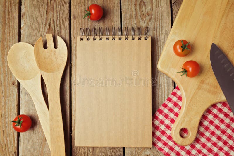 Cardboard Notepad with Kitchen Utensils on Wooden Table. View from ...