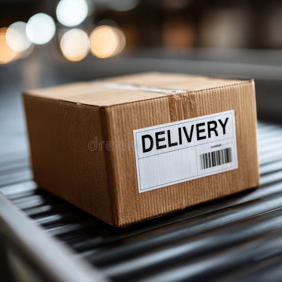 Cardboard Package on Conveyor Belt in Warehouse Delivery System. Stock ...