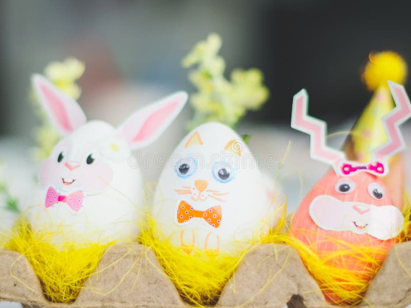 Cardboard Package with Decorated Bunny Diy Easter Eggs in Nests with ...