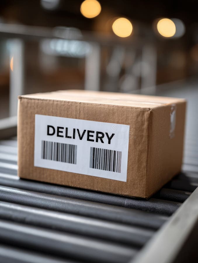 Cardboard Package with Delivery Label on Conveyor Belt. Stock Image ...
