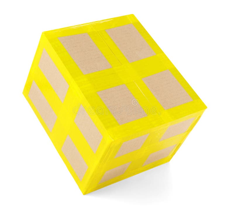 Cardboard Parcel Box with Yellow Sticky Tape on White Background Stock ...