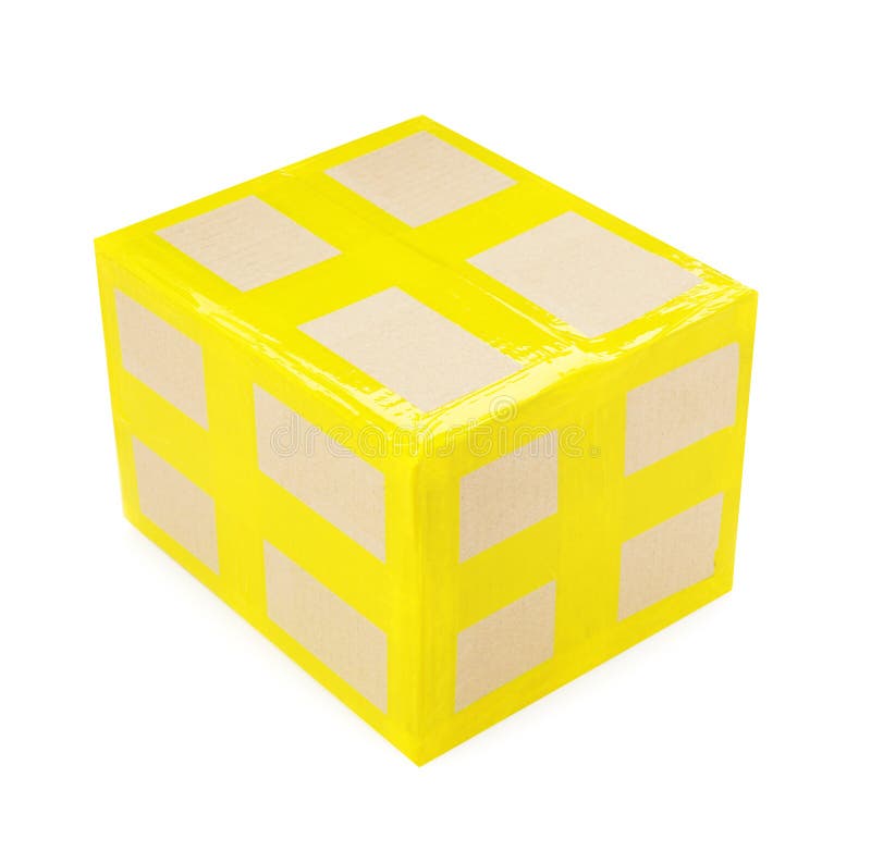 Cardboard Parcel Box with Yellow Sticky Tape on White Background Stock ...