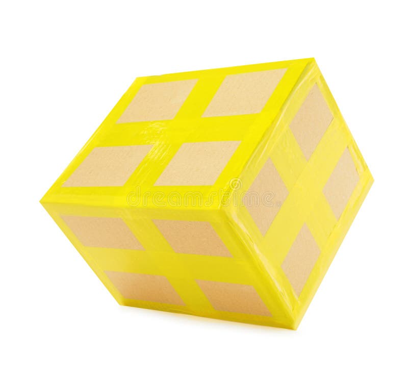 Cardboard Parcel Box with Yellow Sticky Tape on White Background Stock ...