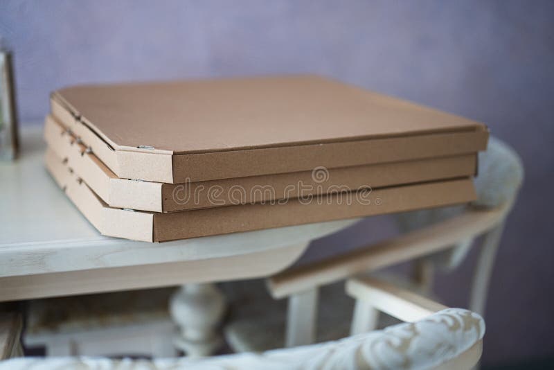 Cardboard Pizza Boxes on Kitchen in Table Stock Image - Image of plain ...