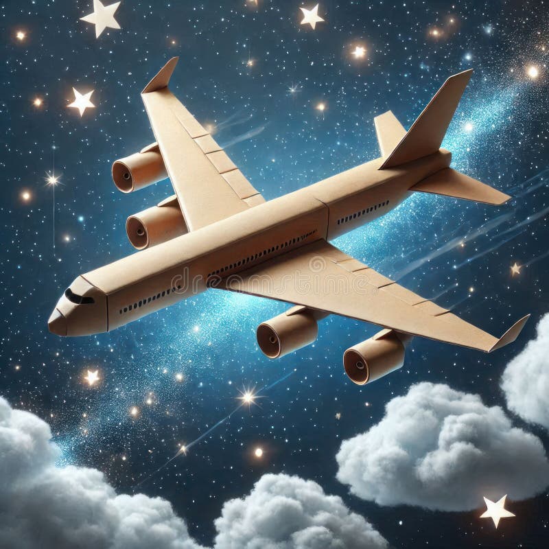A Cardboard Plane Flying among the Stars and Clouds at Night. Stock ...