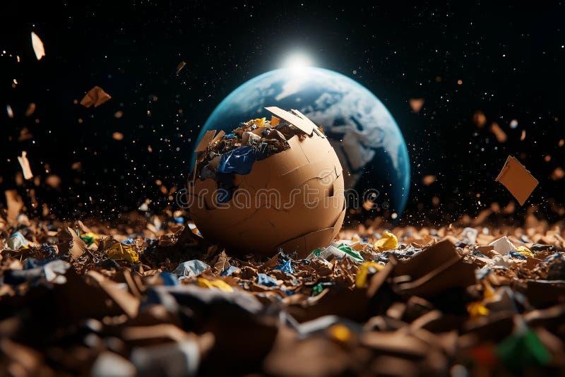 Cardboard Planet Surrounded by Garbage, Symbolizing Pollution and Waste ...