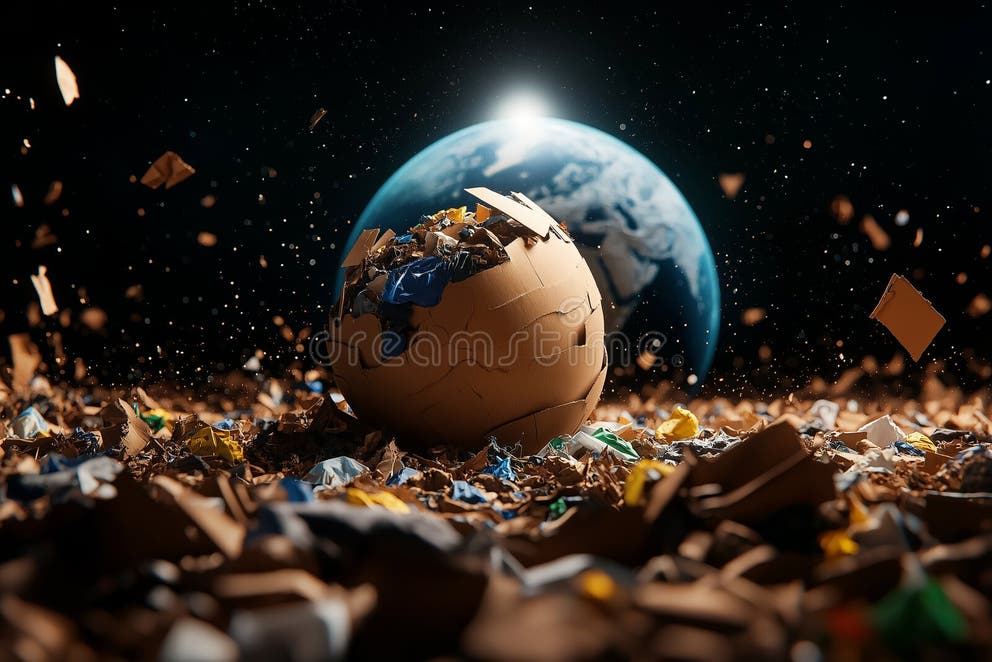 Cardboard Planet Surrounded by Garbage, Symbolizing Pollution and Waste ...