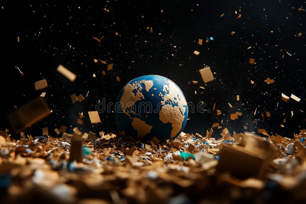 Cardboard Planet Surrounded by Scattered Garbage and Debris ...
