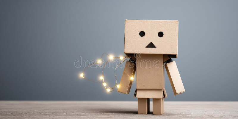 Cardboard Robot Figure with Warm String Lights Glowing in Blurred ...