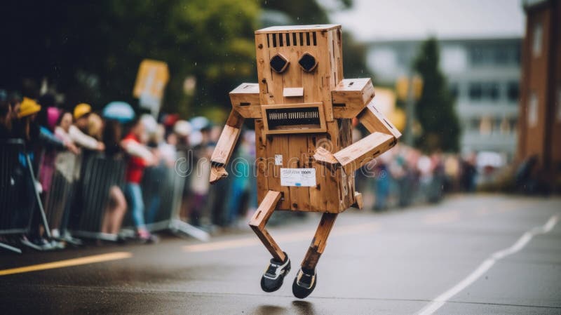 A Cardboard Robot is Running Down the Street. Generative AI Image ...