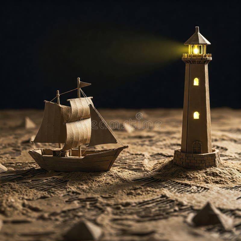 A Cardboard Ship and a Lighthouse on a Sandy Model of the Sea. Stock ...