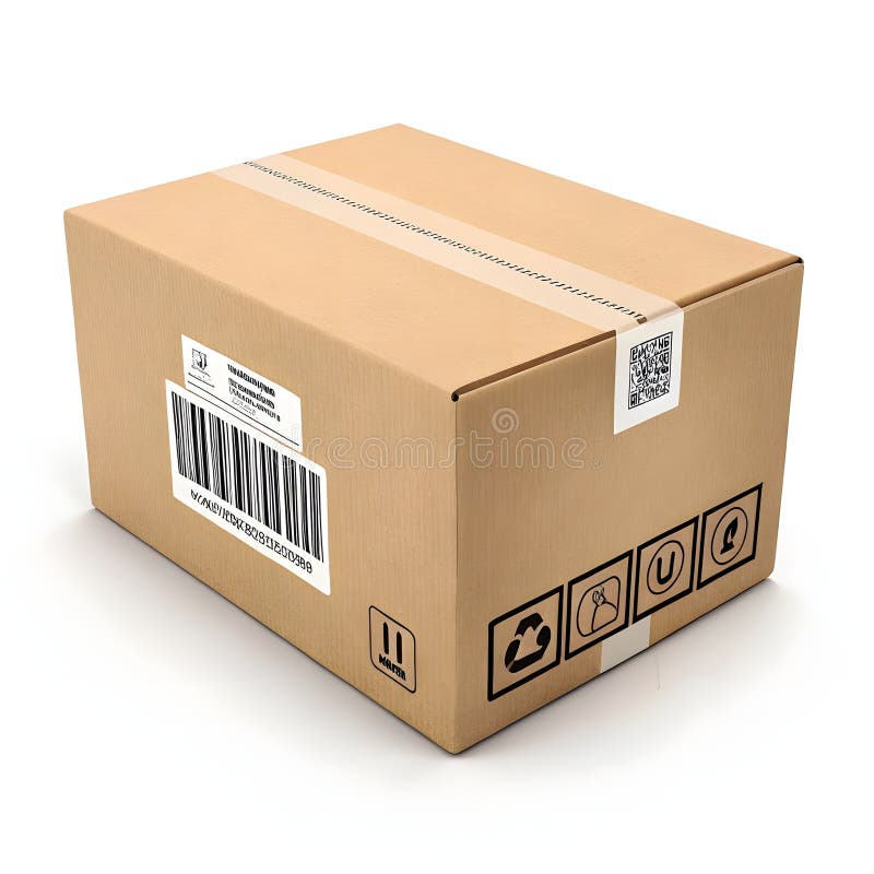 Cardboard Shipping Box with Barcode Label on White Background Stock Illustration - Illustration ...