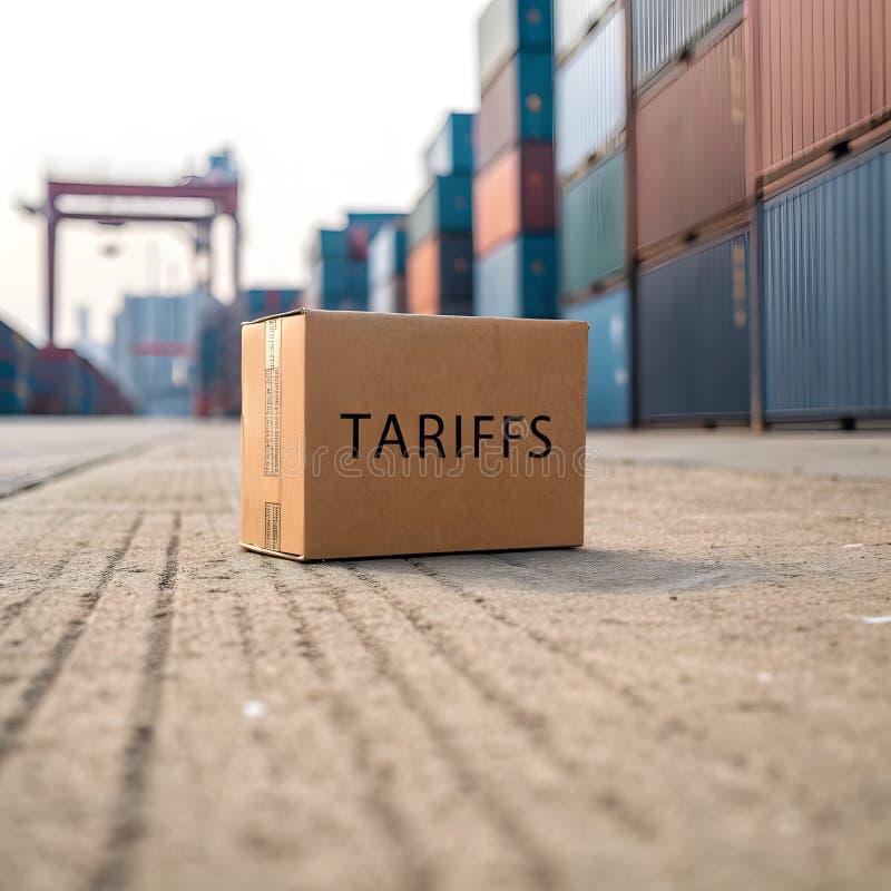 Cardboard Shipping Box Labeled TARIFFS at Industrial Port with Cargo ...
