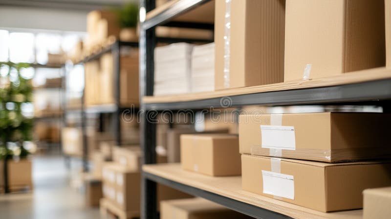Cardboard Shipping Boxes Stacked Systematically on Warehouse Shelves ...