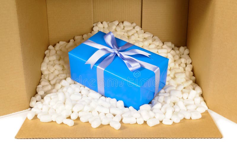 Cardboard Shipping Delivery Box with Blue Gift Inside and Polystyrene ...