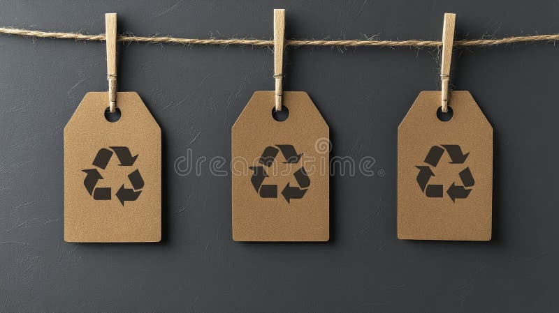 A Cardboard Tag Featuring a Recycling Symbol Dangles from a Clothesline ...