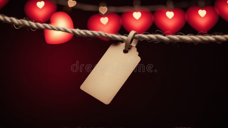 A Cardboard Tag Hangs on a String in Front of a Wall of Red Hearts ...