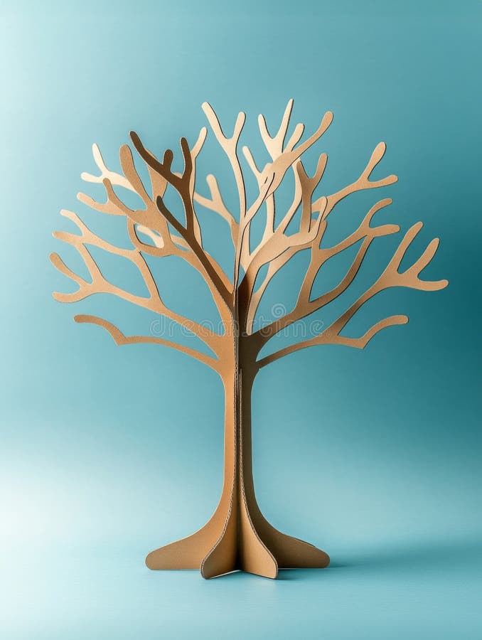 Cardboard Tree Sculpture on Blue Background, Minimalistic Design. Stock ...