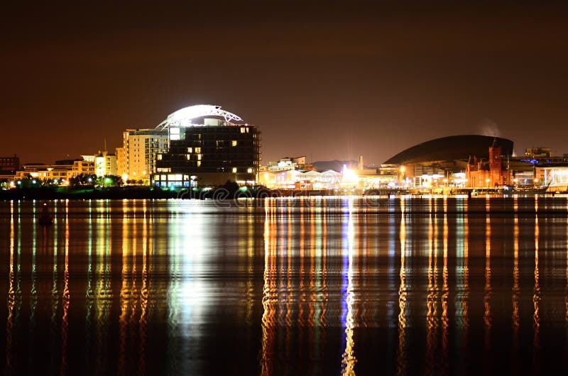 Cardiff Bay at night stock photo. Image of windows, water - 27979448