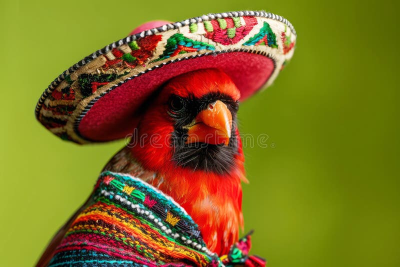 A Cardinal Bird Dressed in Mexican Sombrero Hat and Clothing Studio ...