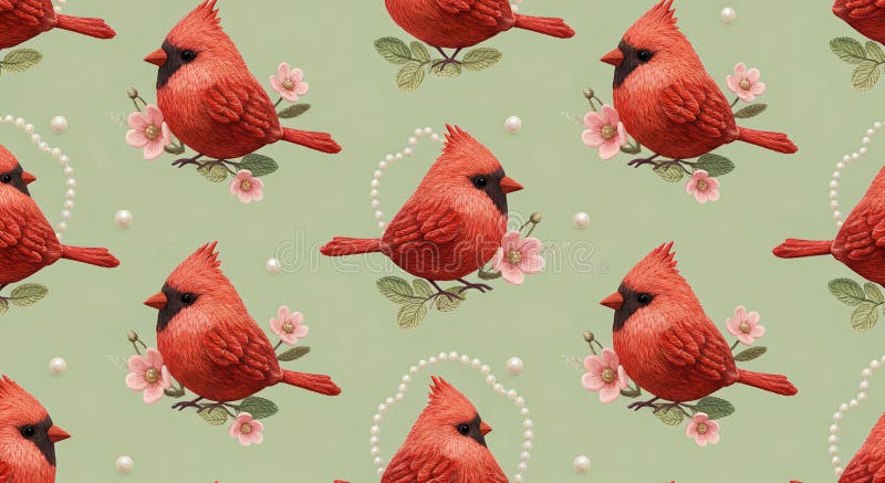 Cardinal Bird Pattern with Floral Accents Artistic Digital Design Stock ...