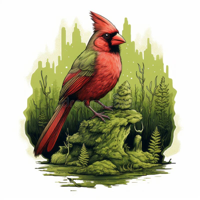 Highly Detailed Illustration of a Red Cardinal in a Forest Stock ...