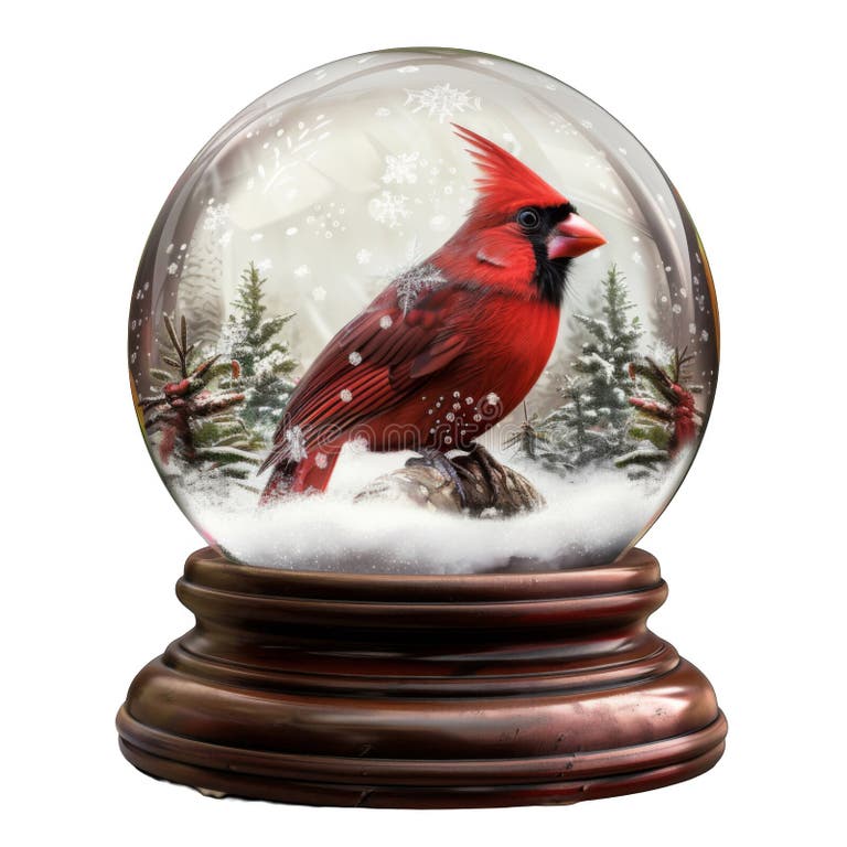 A Cardinal Inside a Snow Globe with Snowflakes and Tiny Pine Trees ...